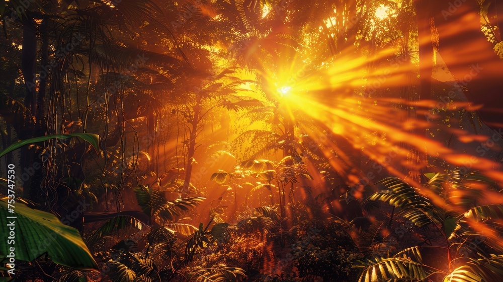 An image captured at sunset from inside the Amazon rainforest ...