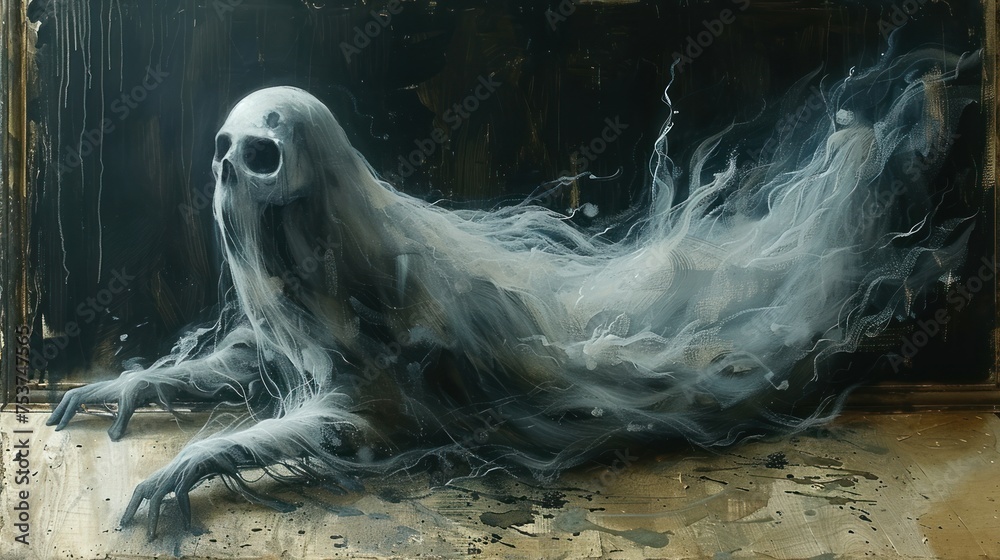 a painting of a ghost laying down on the ground in front of a window ...