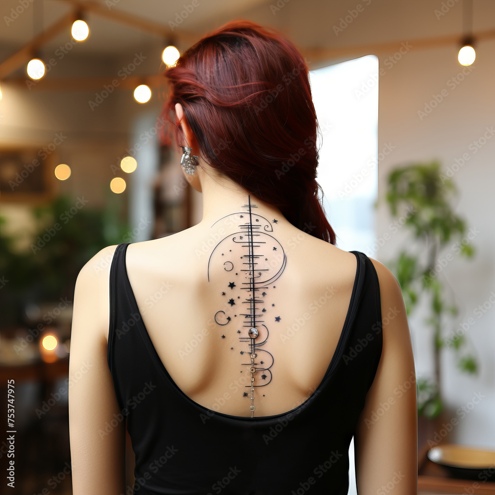 woman with a unique linear tattoo along her spine, a combination of ...