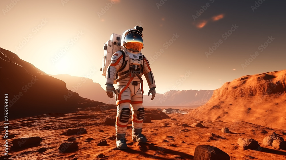 Astronauts exploring unknown planet. People wearing space suits walking ...