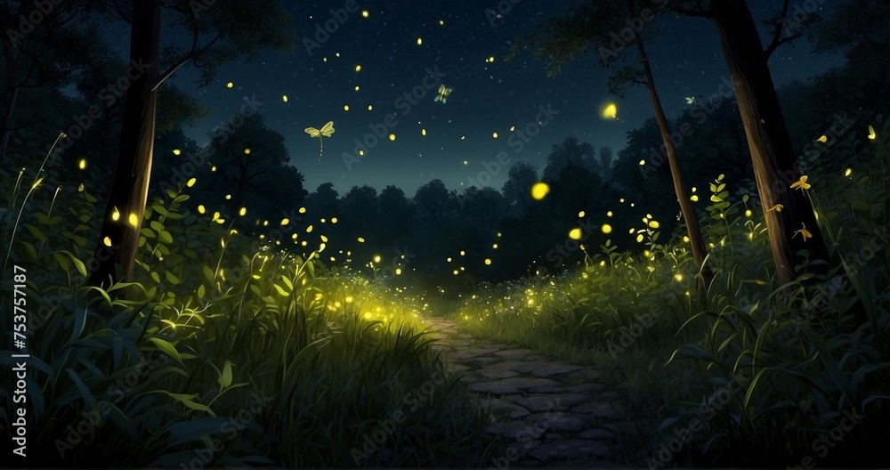 Illustrate a scene where fireflies leave trails of light across a dark ...