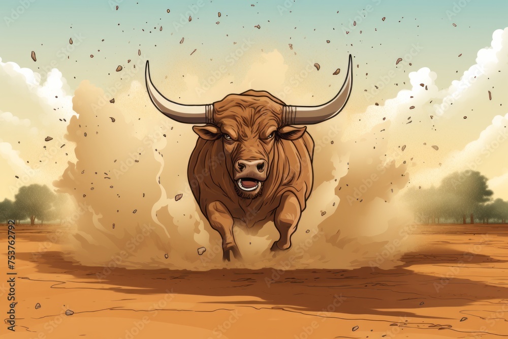 A large bull raises dust with its furious running against the backdrop ...