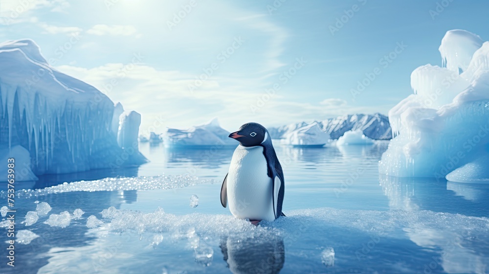 Penguin sitting on the ice and drawing beautiful ice sculptures Stock ...