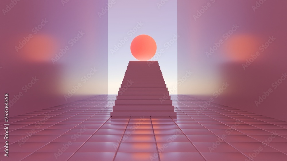 This 3D landscape embodies a minimalist retro style, featuring clean ...