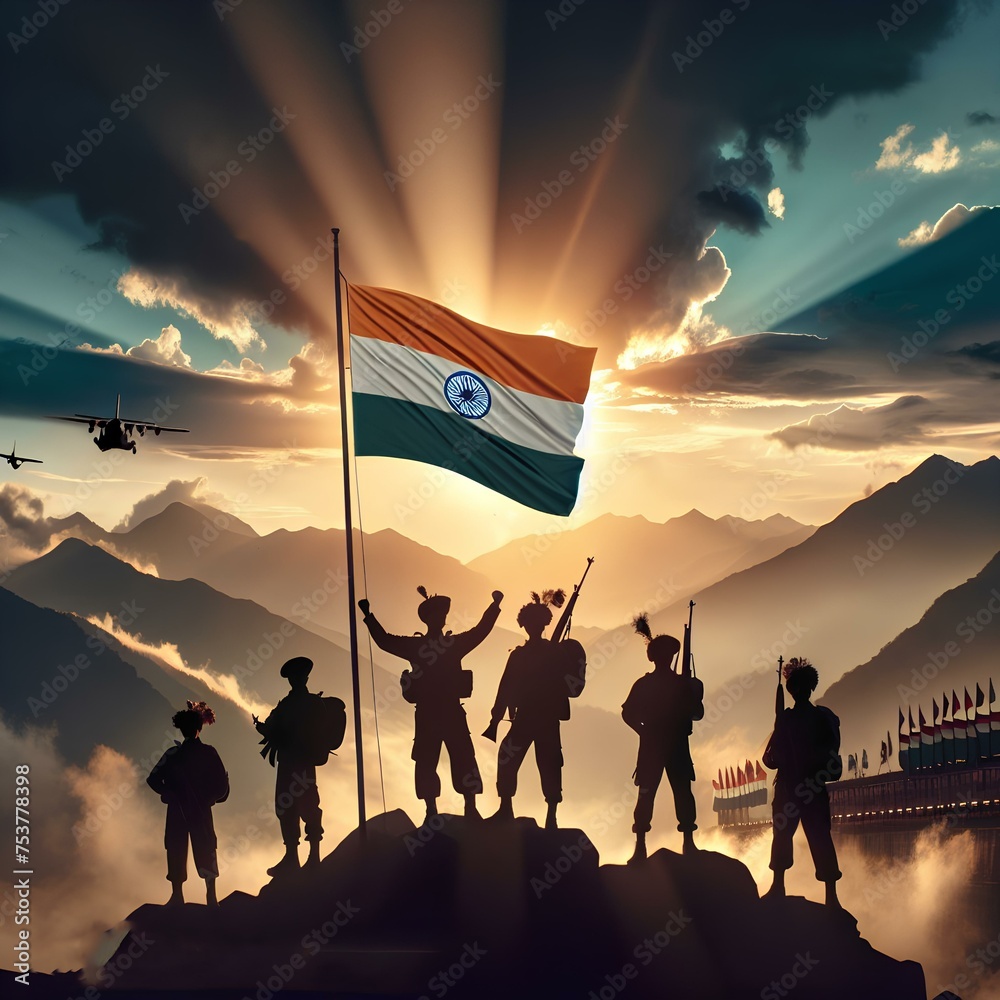 Soldiers on top of the mountain with the Indian flag, Indian flag on ...