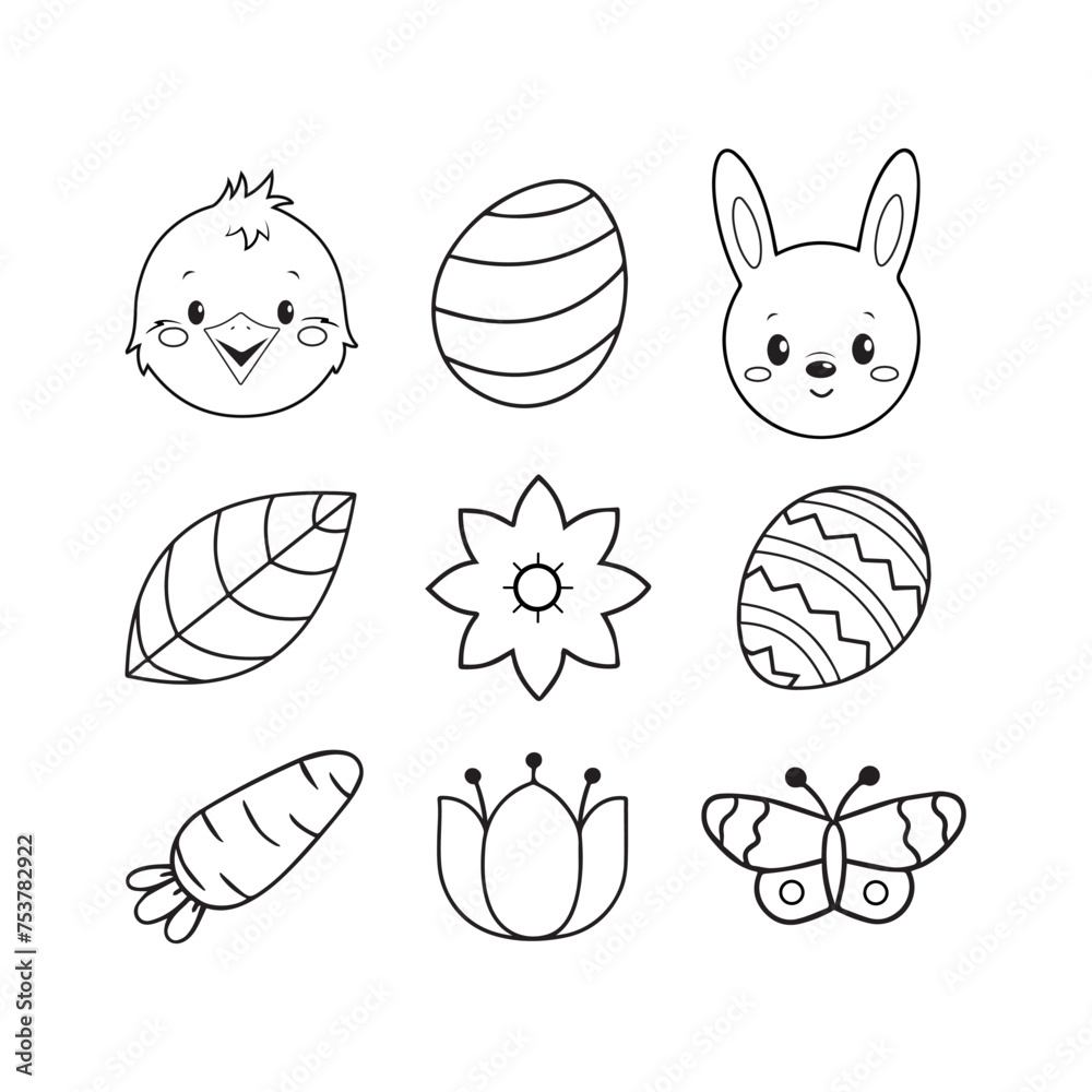 set of easter icons,black otline on white background vector ...