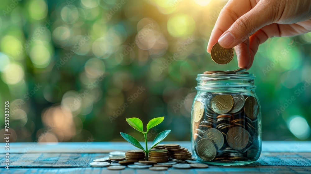 Eco-friendly donations: hands dropping coins into a jar with a plant ...