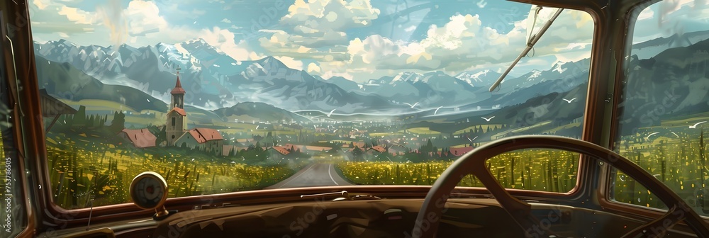 Dreamy Landscape through Car Window in Cartoon Realism Style, To convey ...