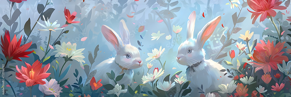 Playful White Rabbits Among Flowers in a Spatial Concept Art, To ...