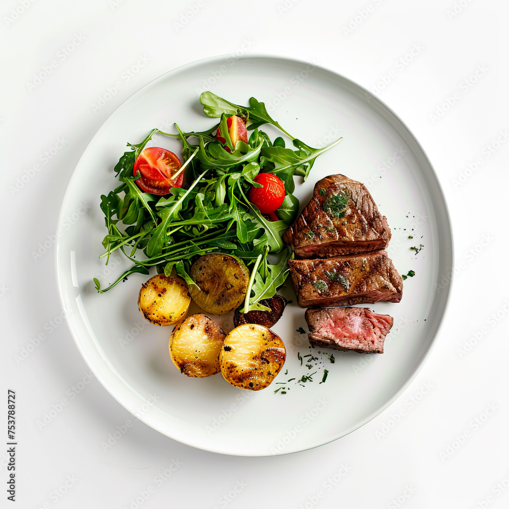Delicious steak dinner on elegant white plate from above, captured with ...