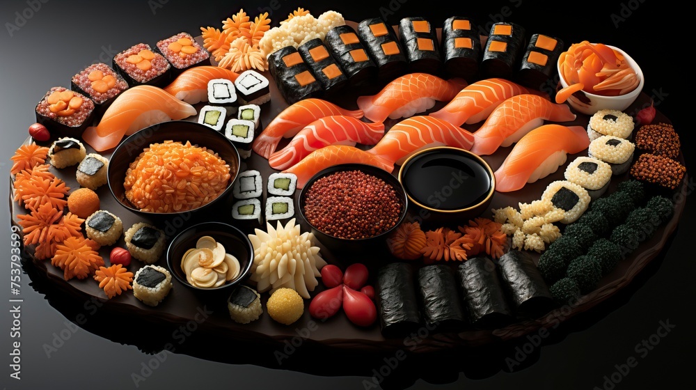 Food on plates in different shapes and colors is shown. Food ...