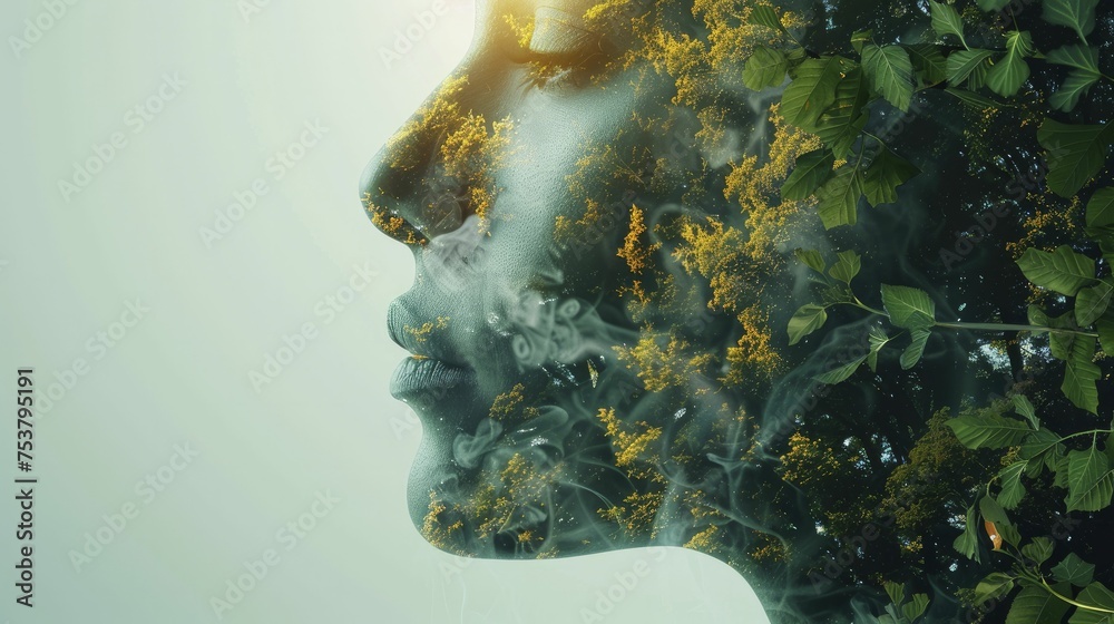 person breathing out CO2, surrounded by plants absorbing it ...