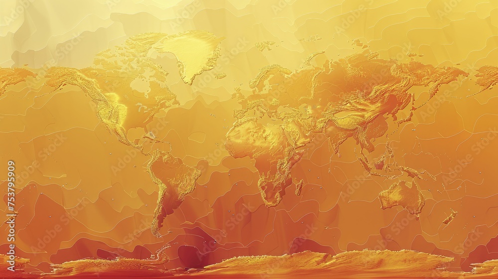 A digital world map illustrates global warming with temperature ...