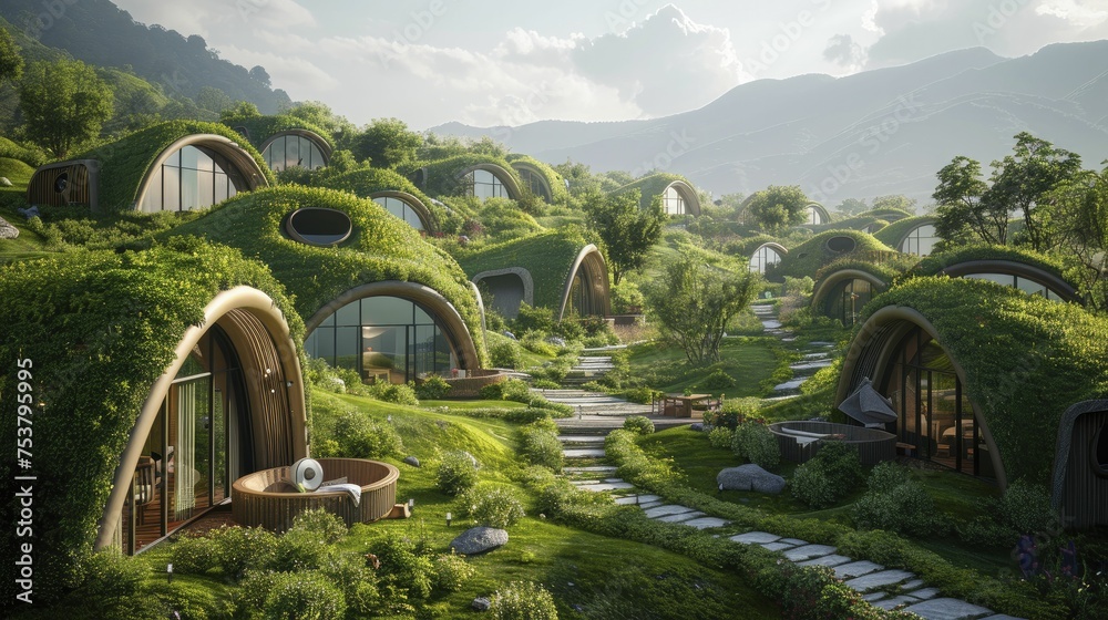an eco village designed for minimal environmental impact, emphasizing ...