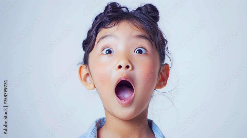 Funny face asian girl shocked big eyes wide open look up with jaw ...
