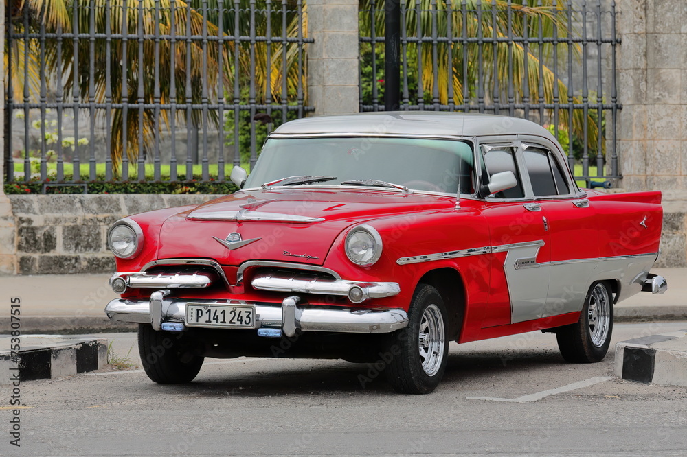 Oldtimer red-gray almendron car -yank tank, Dodge classic- from 1956 ...