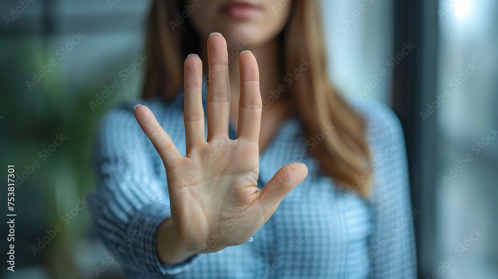 Stop, hand sign and woman with no gesture for sexual harassment and ...
