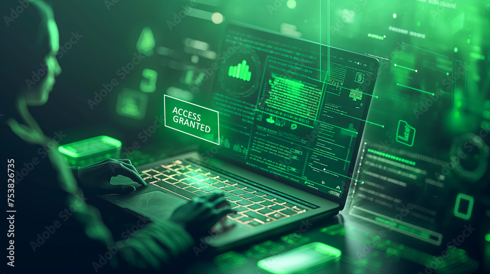 Person Working With Digital Data On Laptop Access Granted Message On