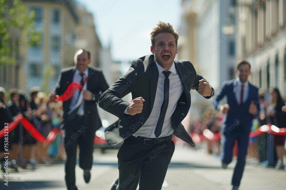Group of businessmen in suits at running marathon competition run to ...