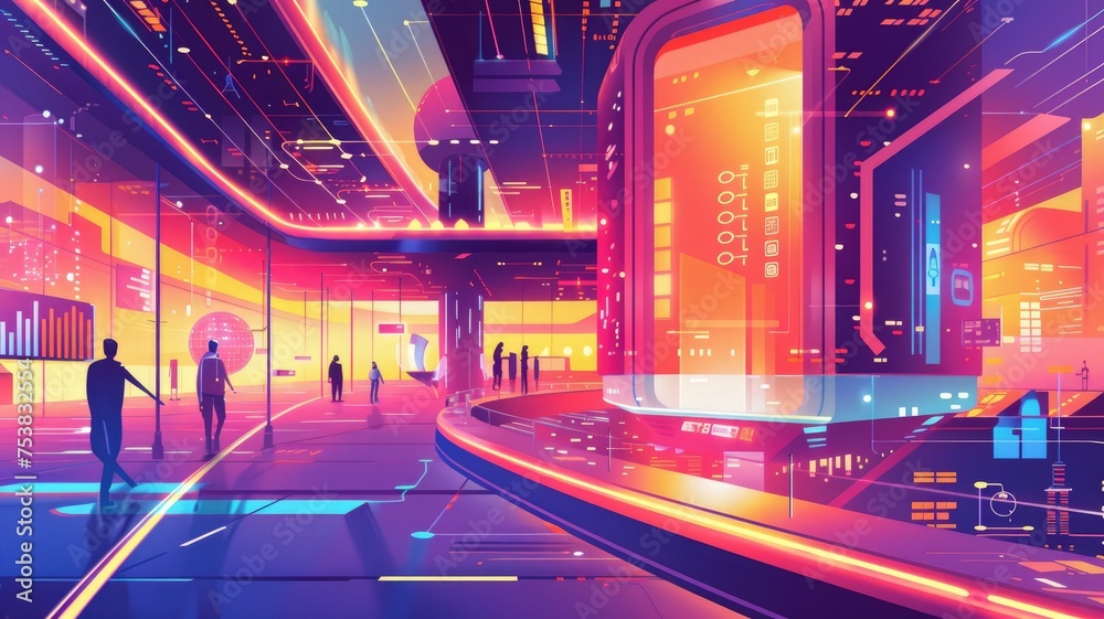 Busy high-tech corridor with people and screens - A lively image of ...