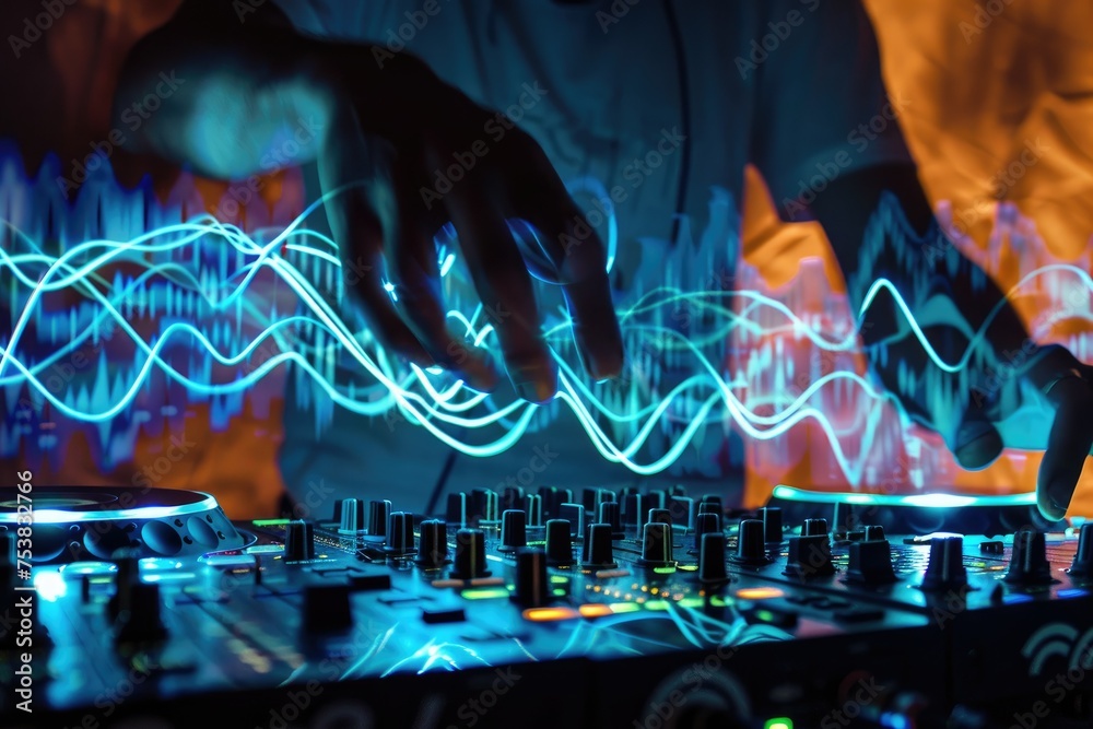 DJ mixing music with sound wave visuals - An electrifying image of a DJ ...