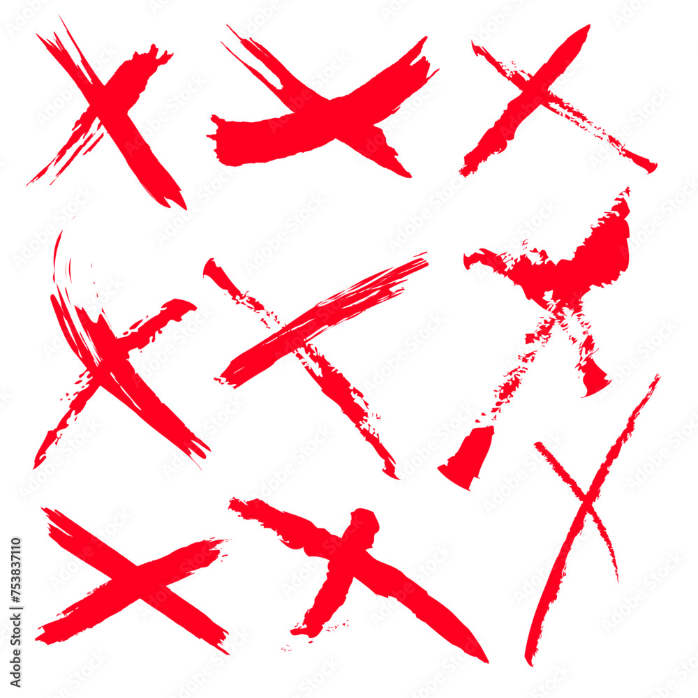 X red mark set in grunge style. Hand drawn crossed brush strokes ...