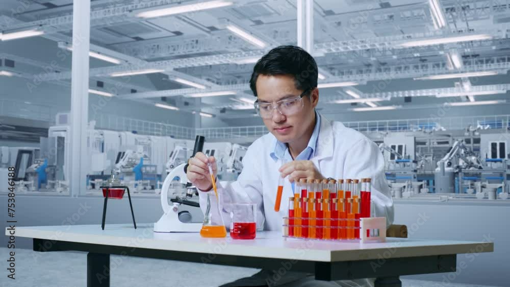 Side View Of Asian Man Scientist Making Experiment With Test Tube In ...