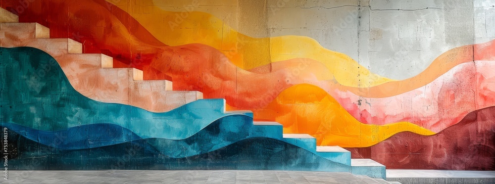Abstract mural with warm and cool color waves on a building wall ...