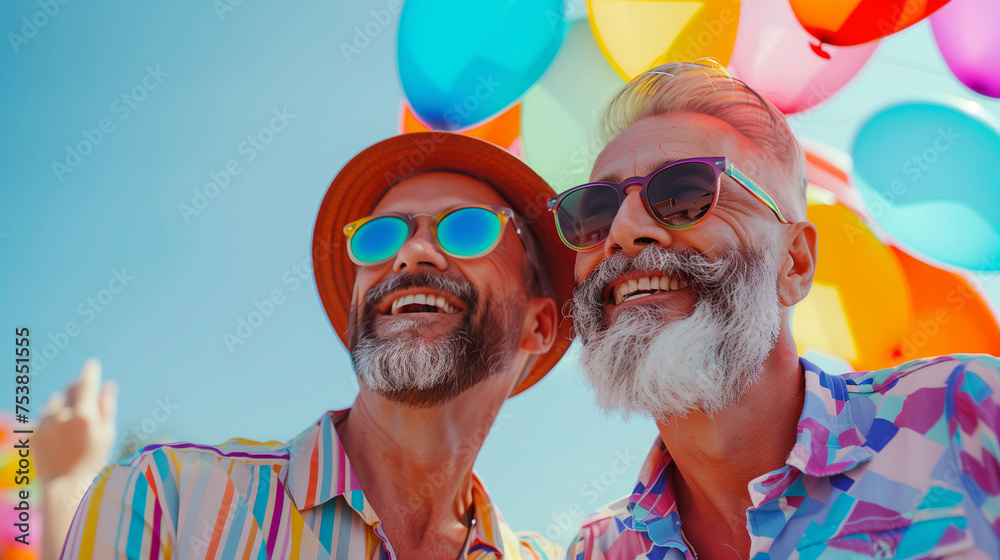 Two men wearing sunglasses and hats are smiling and holding balloons ...