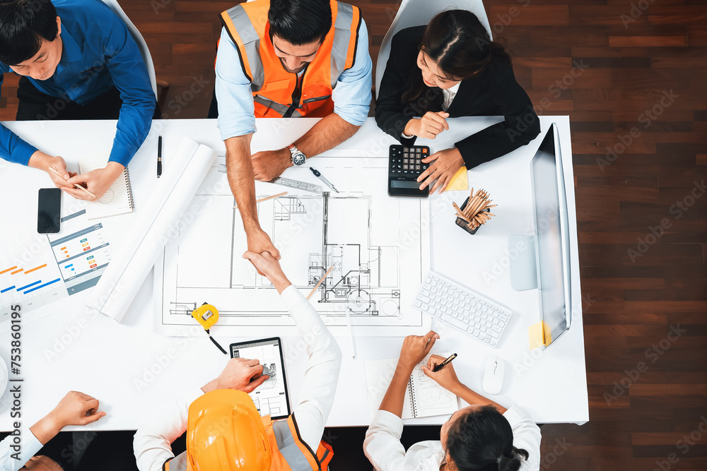 Top panorama of diverse group of civil engineer and client shake hand ...