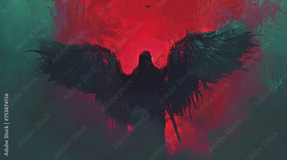 A fallen angel with outstretched wings and a sword in his hand. A ...