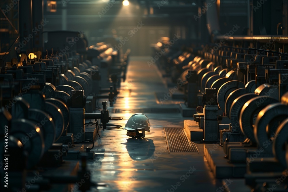 An atmospheric view of an empty factory floor at twilight, with rows of ...