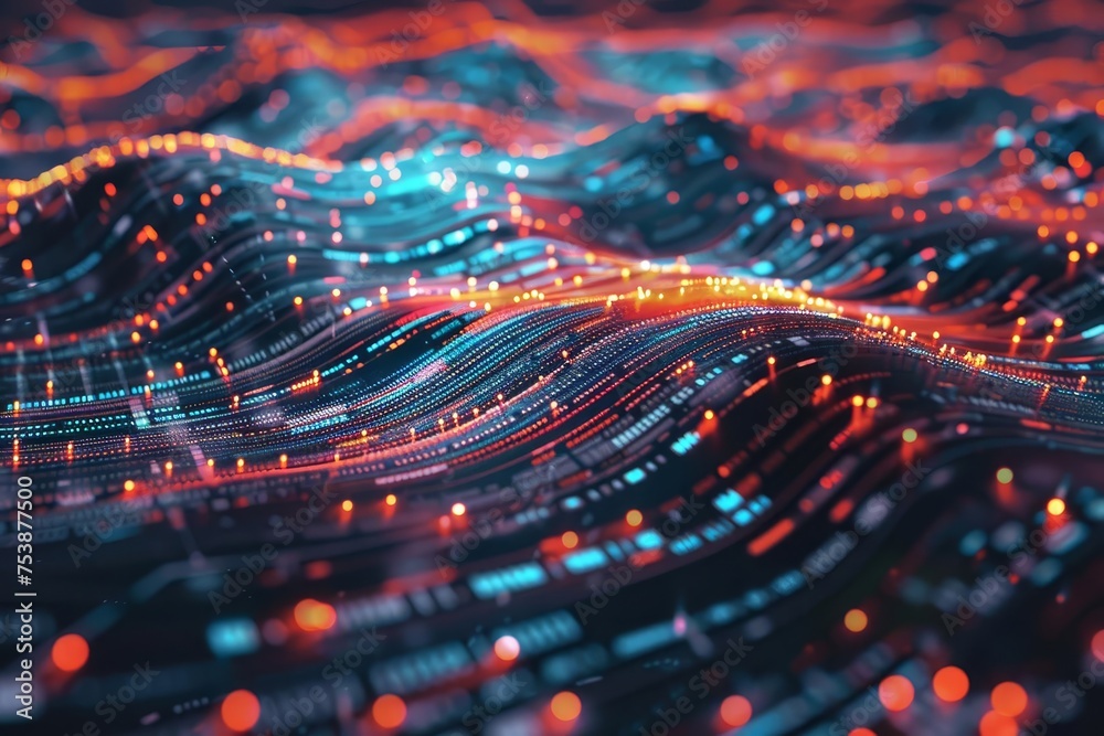 Abstract digital landscape with flowing data streams and network nodes Representing the complex ...