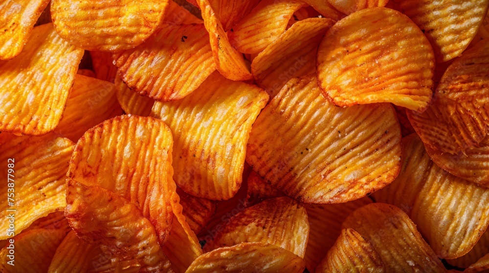 The background of a pile of golden crispy potato chips from a top-down ...