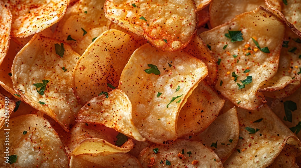 The background of a pile of golden crispy potato chips from a top-down ...