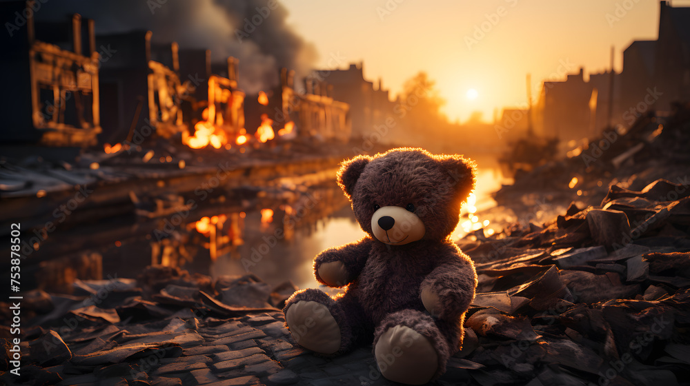teddy bear toy over city burned destruction of an aftermath war ...