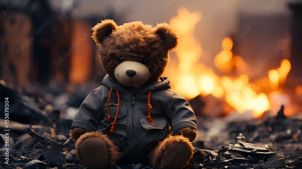 teddy bear toy over city burned destruction of an aftermath war ...