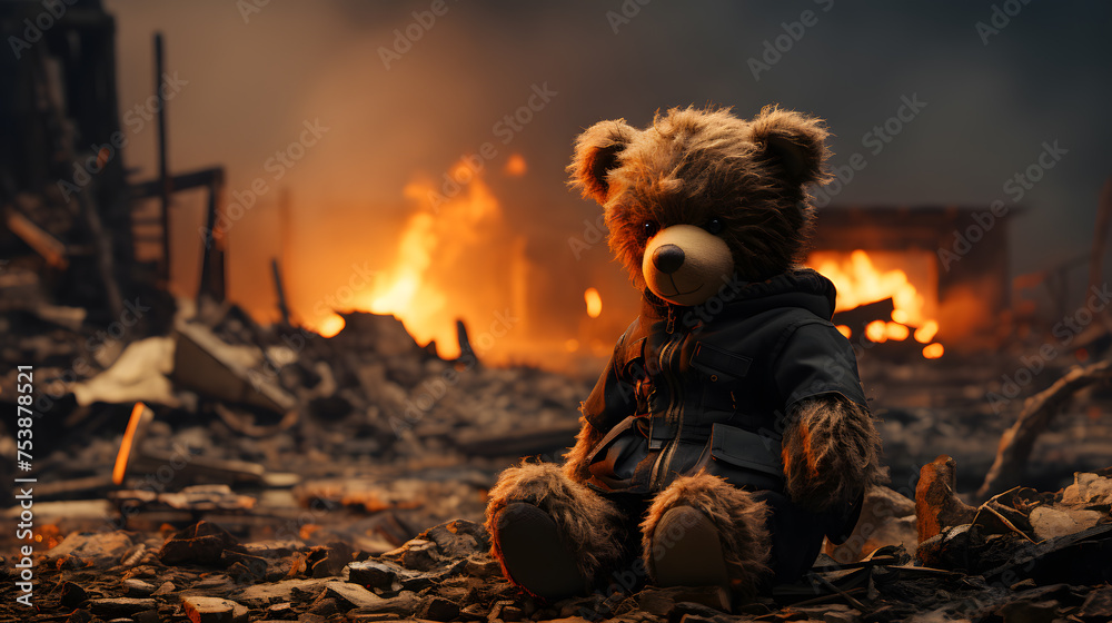 teddy bear toy over city burned destruction of an aftermath war ...