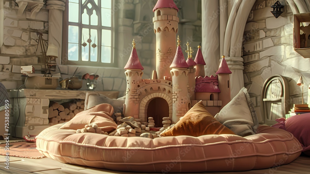 Surrounded by plush pillows, the adorable character builds a pillow ...