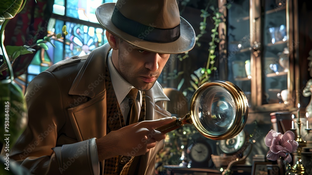 With a curious gaze, the detective character examines a magnifying ...