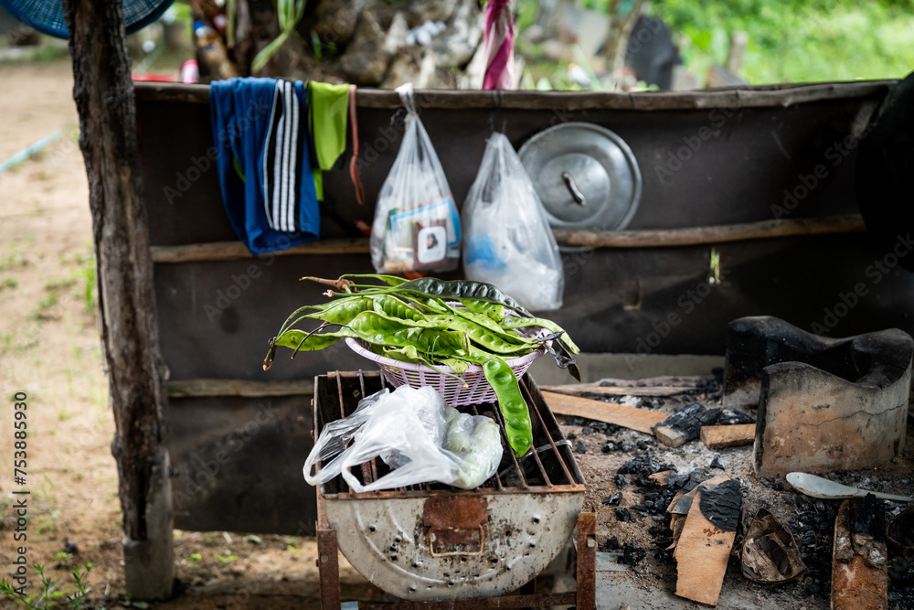 Stink beans, also known as Sator Beans, in a rural kitchen in Thailand ...