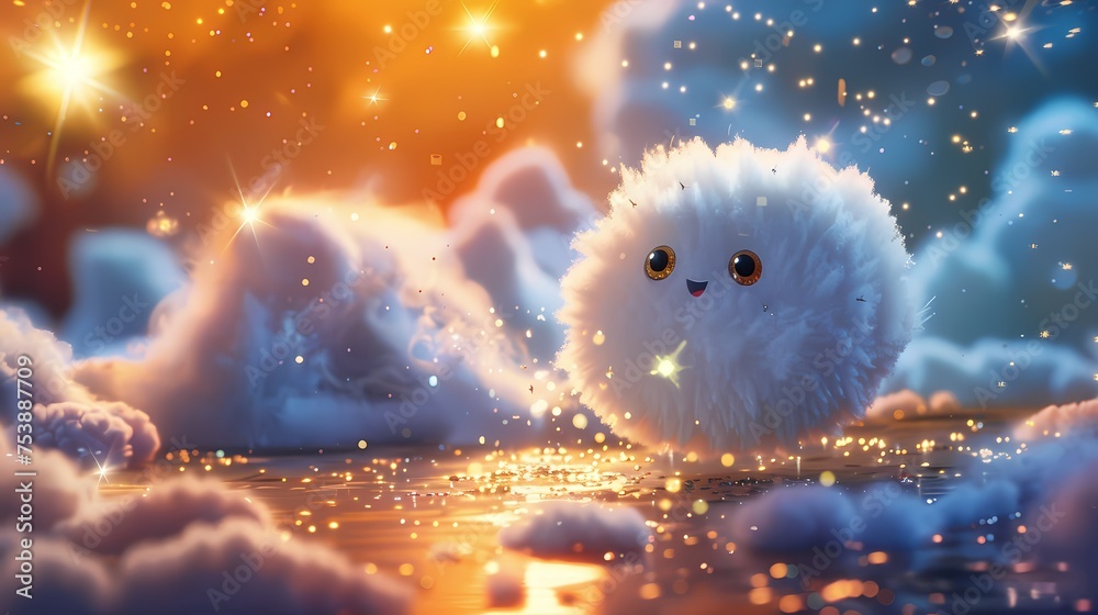 The tiny character, resembling a fluffy cloud with eyes, floats ...