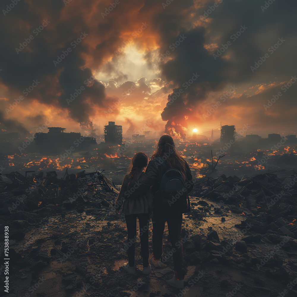 ภาพประกอบสต็อก Apocalypse scene, Burning city, Disaster backdrop ...