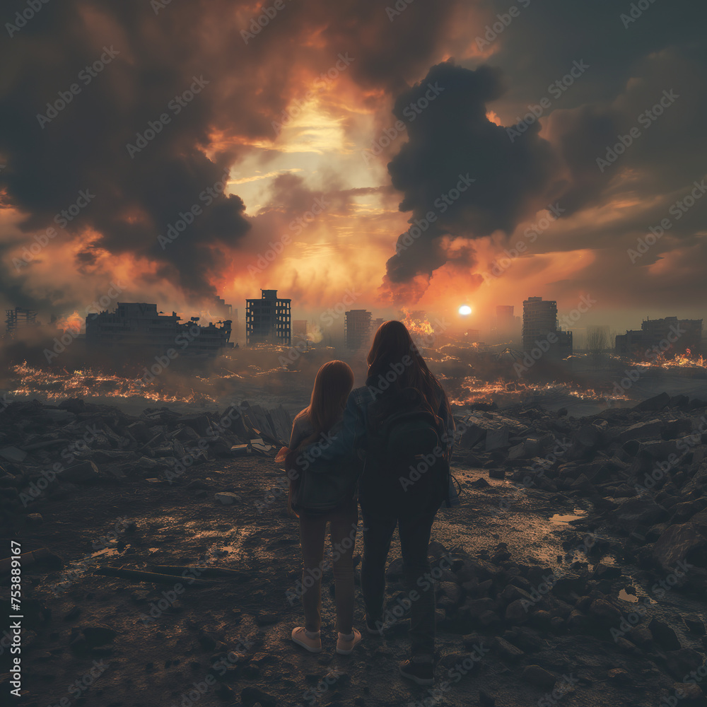 Man and girl, Apocalypse scene, Burning city, Disaster backdrop ...