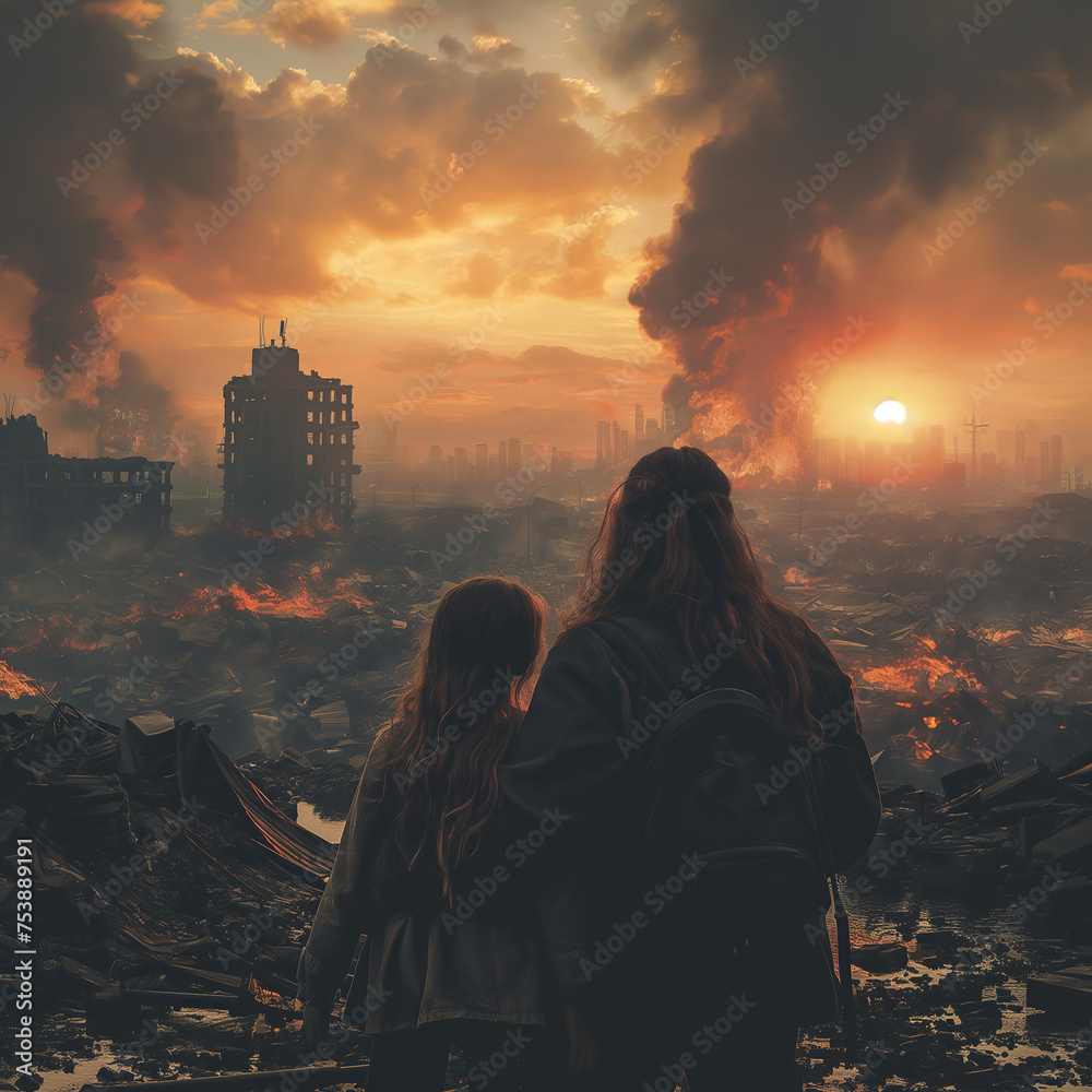 ภาพประกอบสต็อก Man and girl, Apocalypse scene, Burning city, Disaster ...
