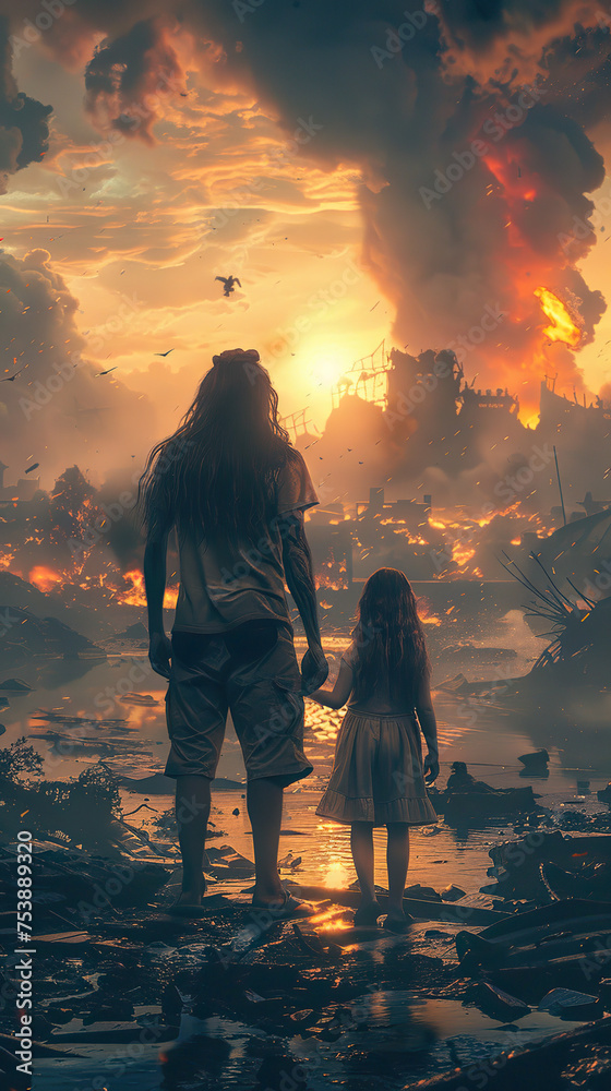 Man and girl, Apocalypse scene, Burning city, Disaster backdrop ...