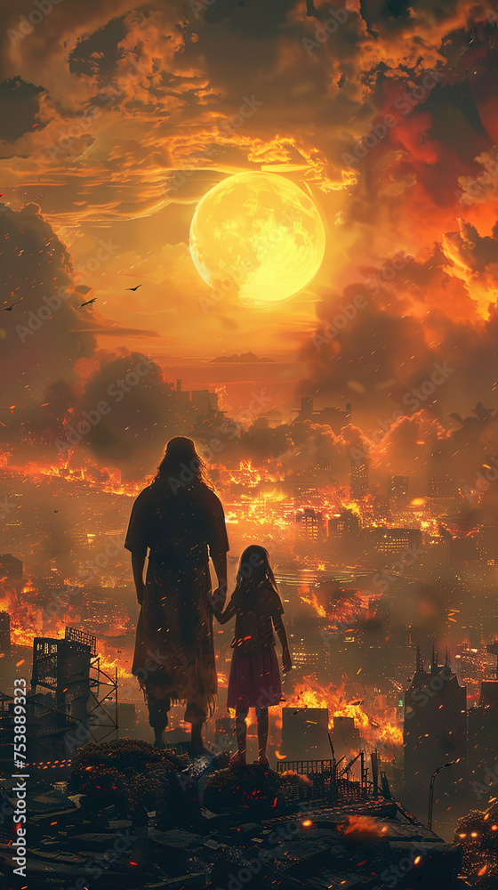 Man and girl, Apocalypse scene, Burning city, Disaster backdrop ...