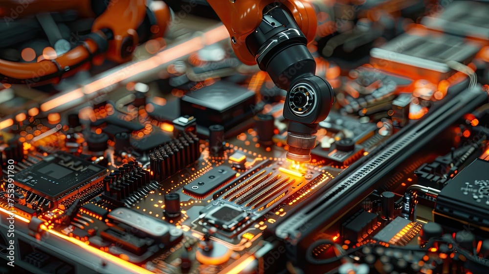 Color photo of a robotic arm assembling electronic components in a ...