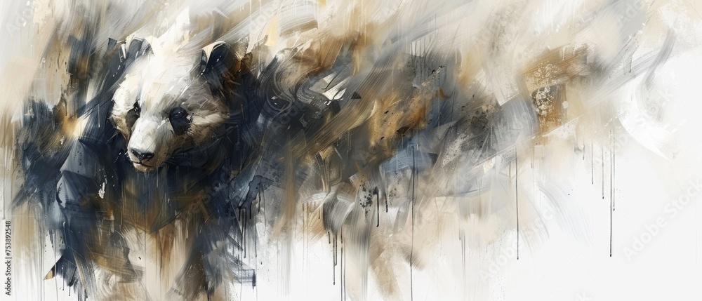 a painting of a black and white bear with brown spots on it's face and ...