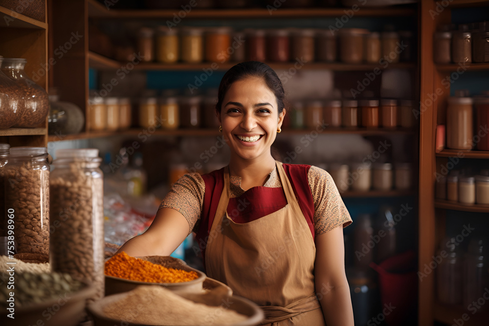 Young Indian saleswoman selling spices in a small local store Stock ...